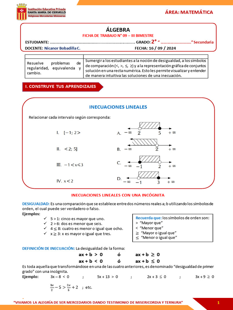 Ficha de Trabajo 09 Segundo de Secundaria Algebra | PDF | Desigualdad (Matemáticas) | Análisis ...