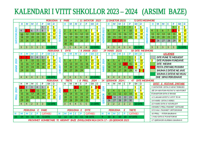 Kalendari I Vitit Shkollor 2023-2024.doc ARSIMI BAZE | PDF