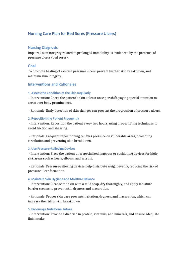 Nursing Care Plan Bed Sores | PDF | Medicine | Diseases And Disorders