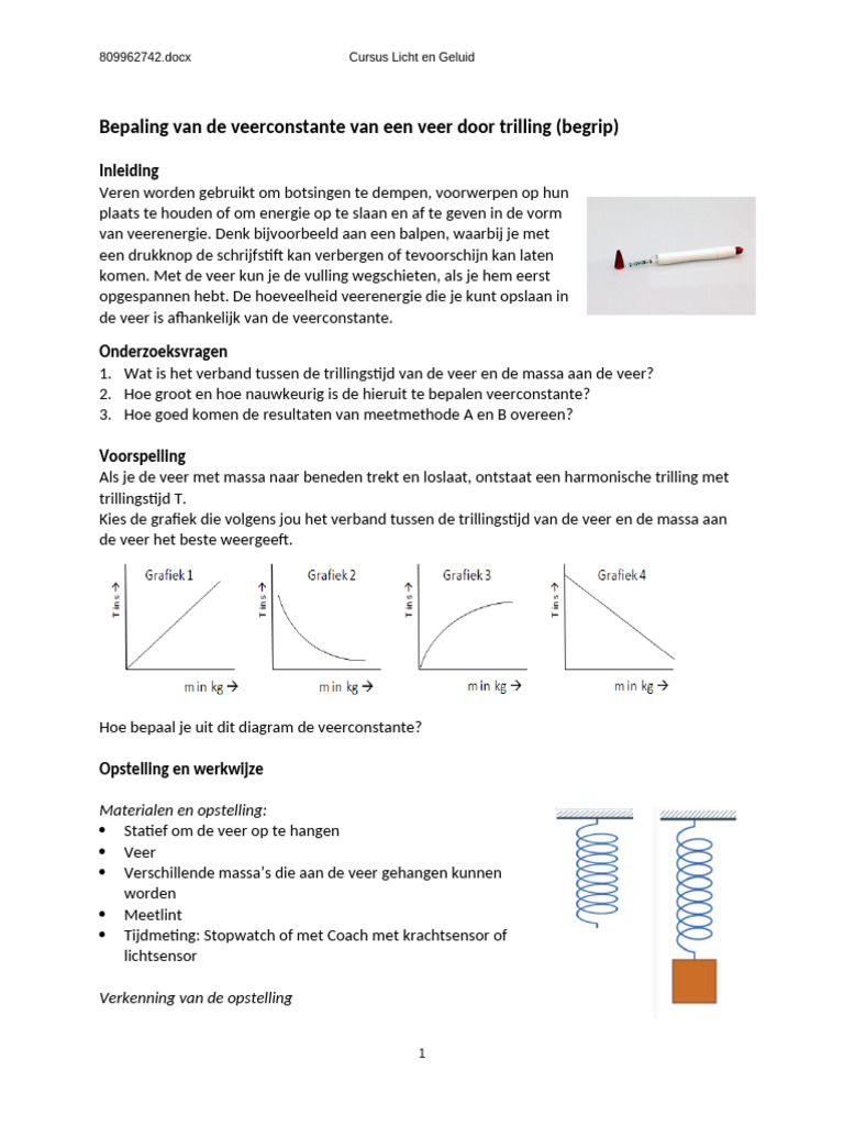 Les 1 Bepaling Veerconstante Veer Door Trilling Versie A 2016 | PDF