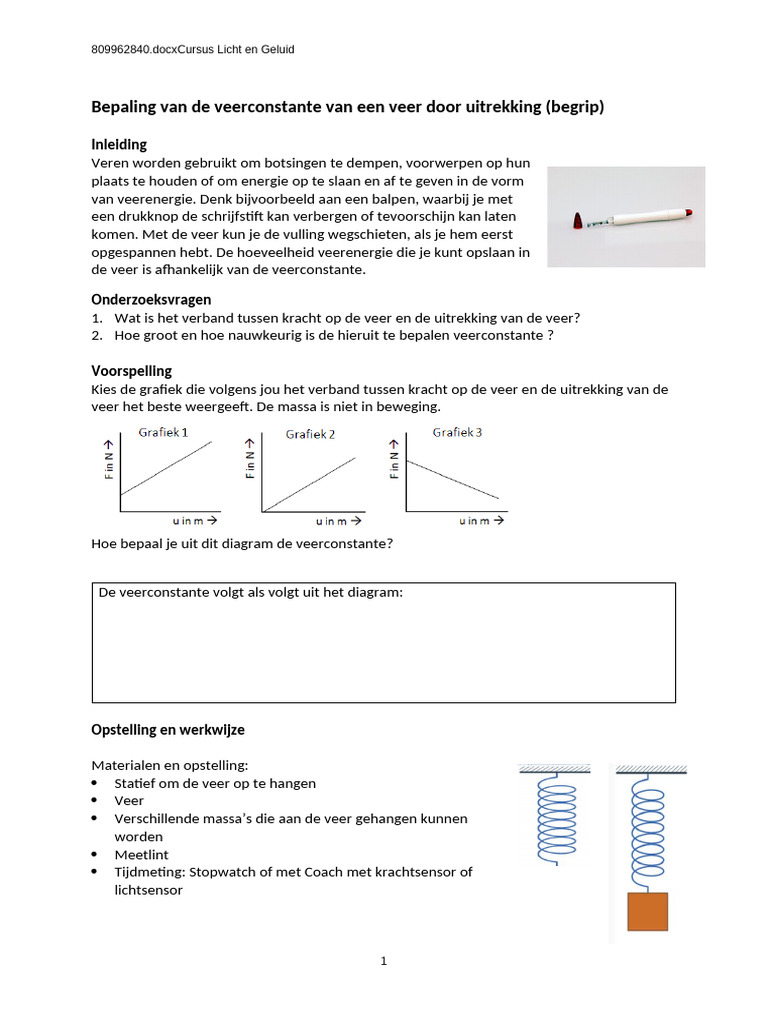 Les 1 Bepaling Veerconstante Veer Door Uitrekking Versie A 2016 | PDF