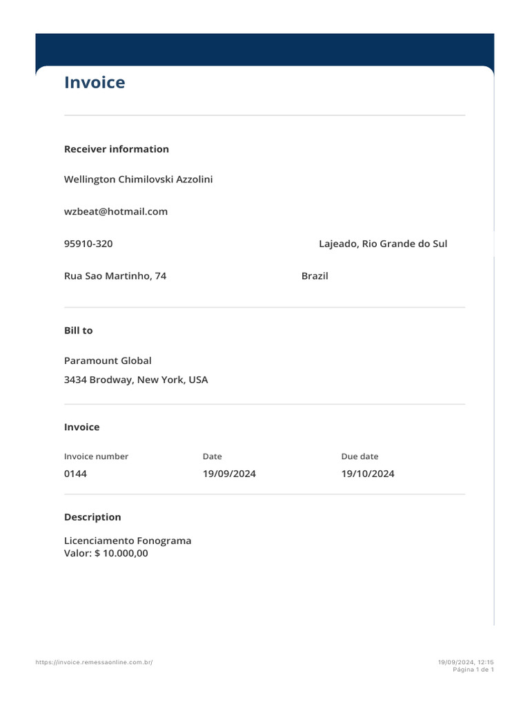 Gerador de Invoice | Modelo de Invoice | Remessa Online | PDF