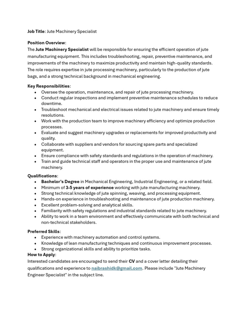 Job Circular For The Post Jute Machinery Specialist | PDF