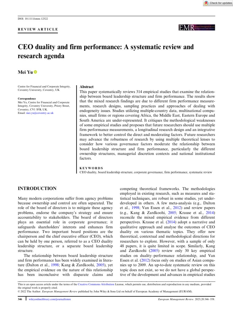 European Management Review - 2022 - Yu - CEO Duality and Firm ...