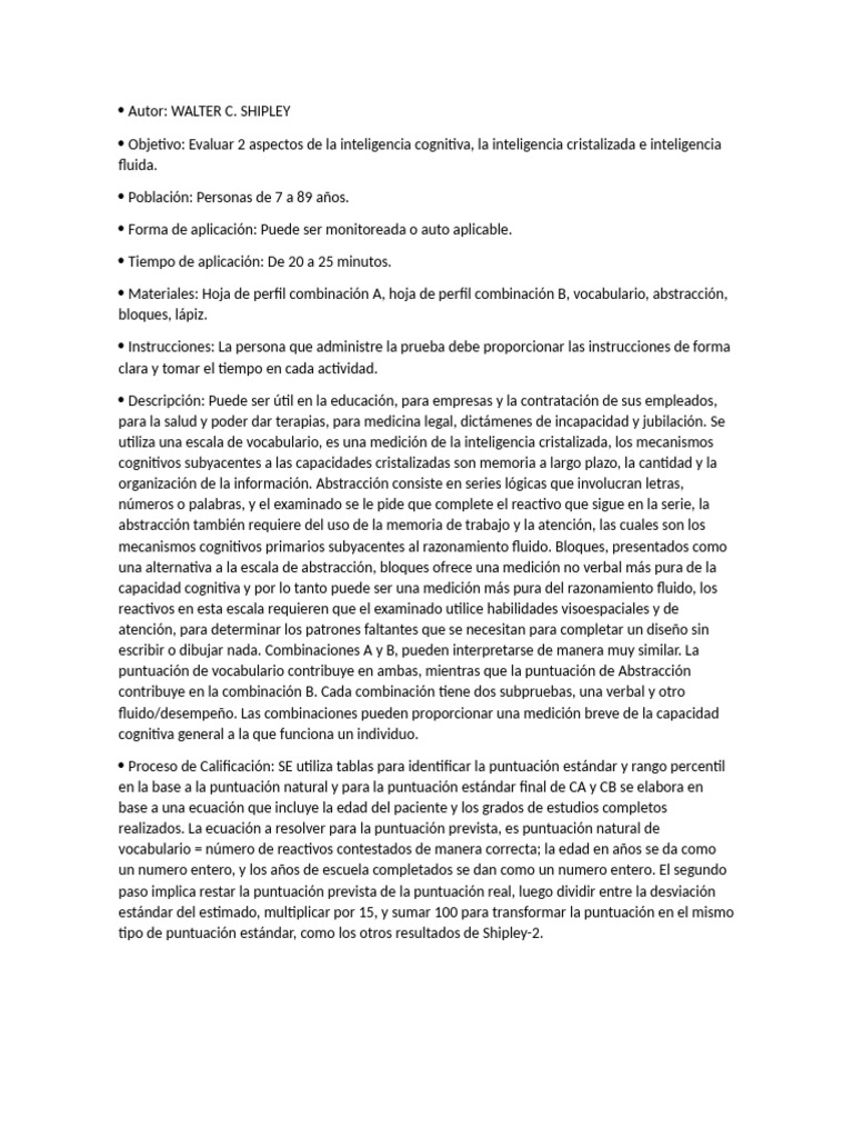 Ficha Tecnica Test de Shipley 2 | PDF | Inteligencia | Procesos mentales