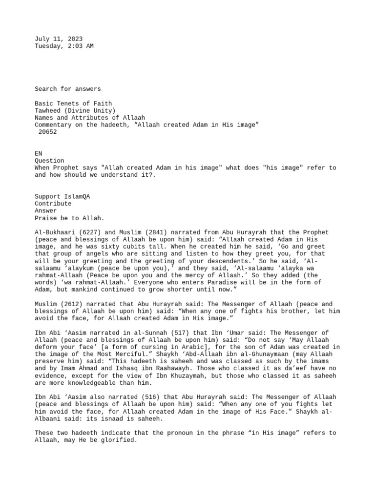 Allah's Creation of Adam (As) | PDF | Hadith | Muhammad