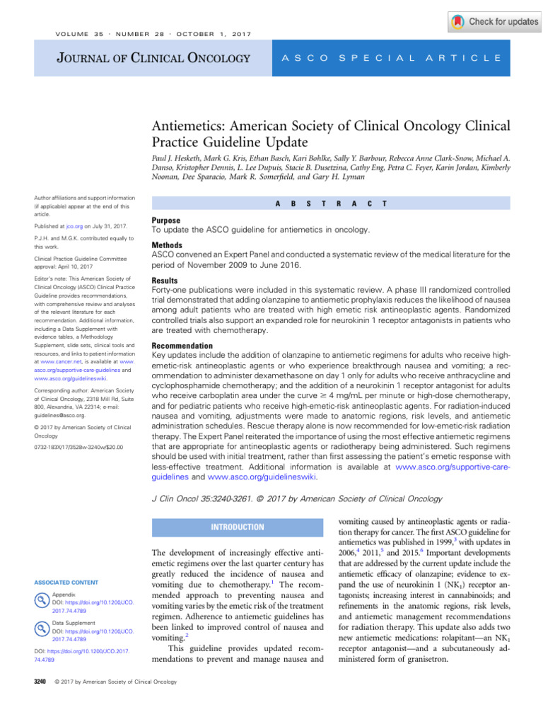 Et Al 2017 Antiemetics American Society of Clinical Oncology Clinical Practice Guideline Update ...