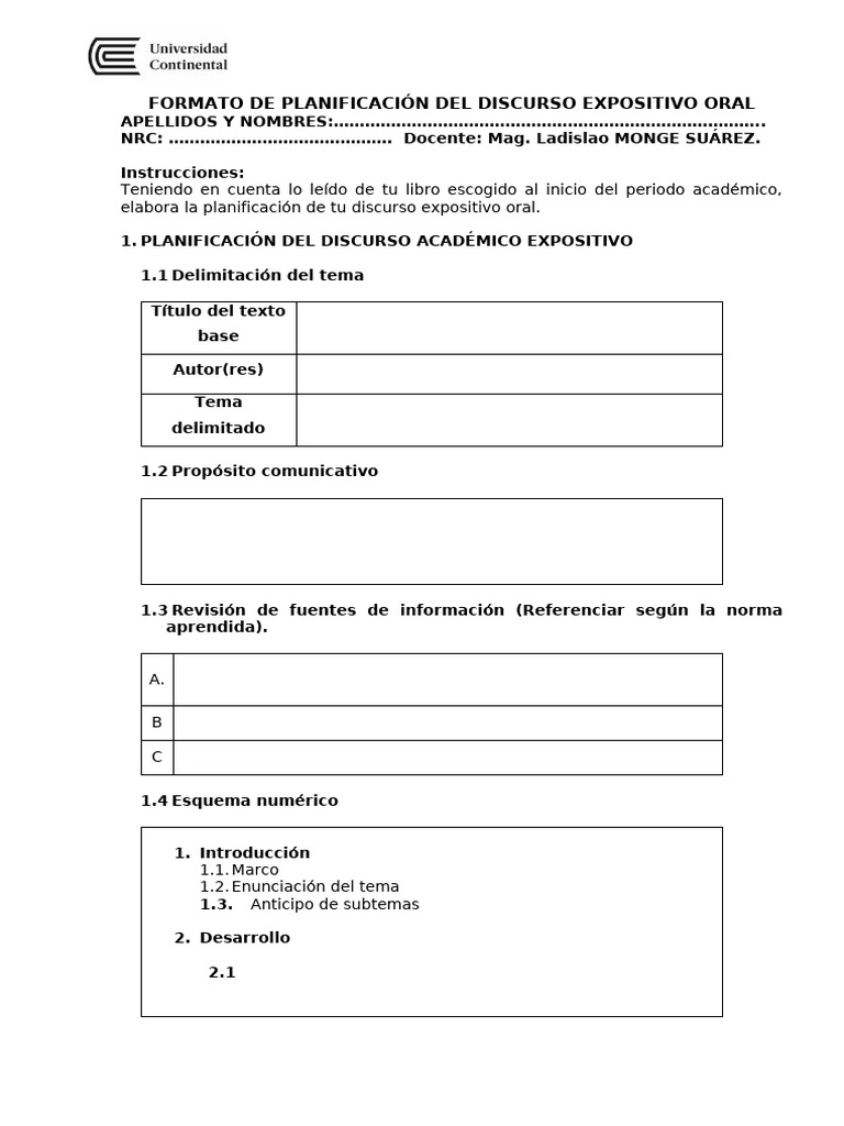 Formato de Planificación Del Discurso Expositivo Oral | PDF