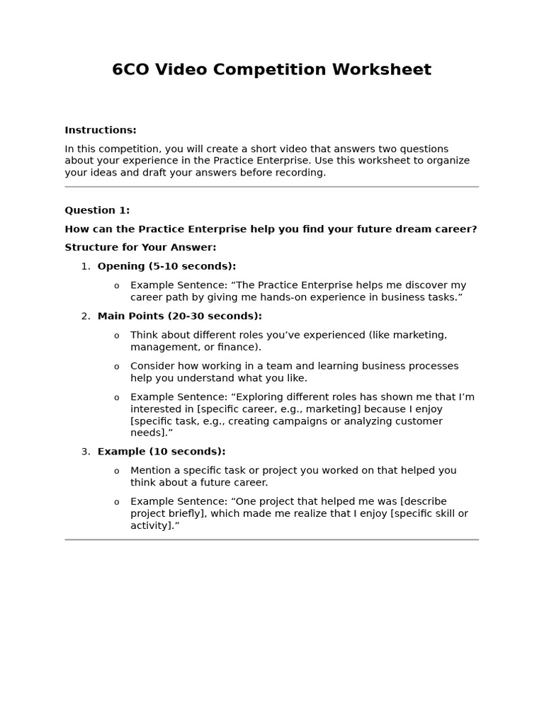 Business Video Competition Worksheet | PDF | Human Communication ...