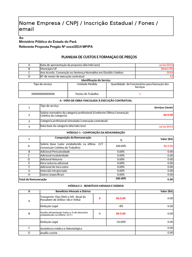 PE 007-2015 - Planilha Custos e FormaÃ§Ã£o de PreÃ§os - Modelo em Branco | PDF | Férias ...