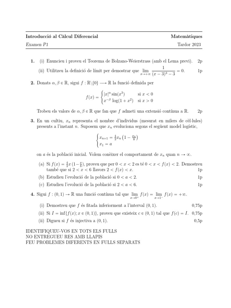 Examen P1: Introducci Oalc' Alcul Diferencial Matem' Atiques | PDF