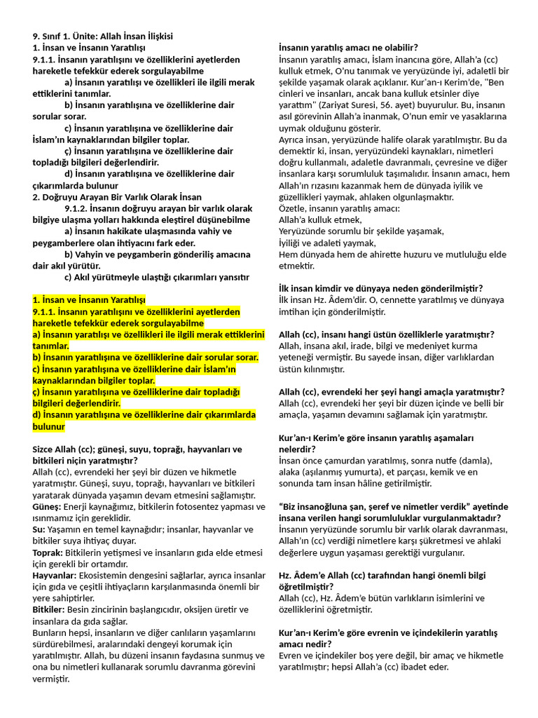 9.1.sinav 1. Üni̇te Özeti̇ | PDF