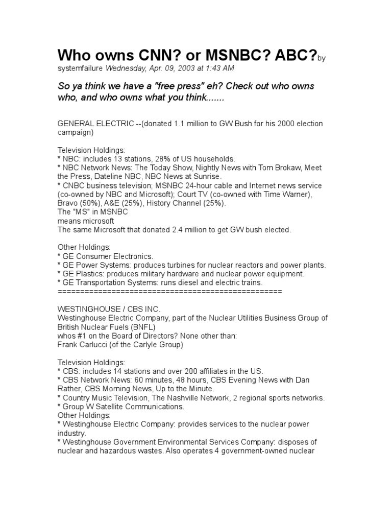 Who Owns The Media | PDF | Nbc | Msnbc