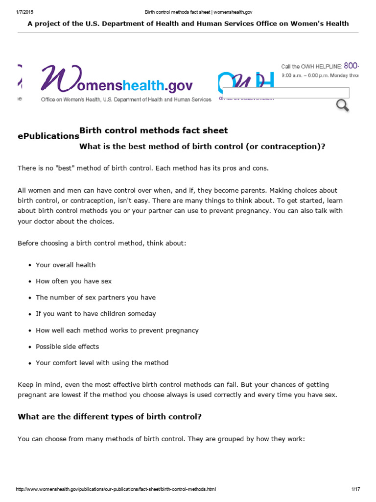 Birth Control Methods Fact Sheet - Womenshealth | PDF | Birth Control ...