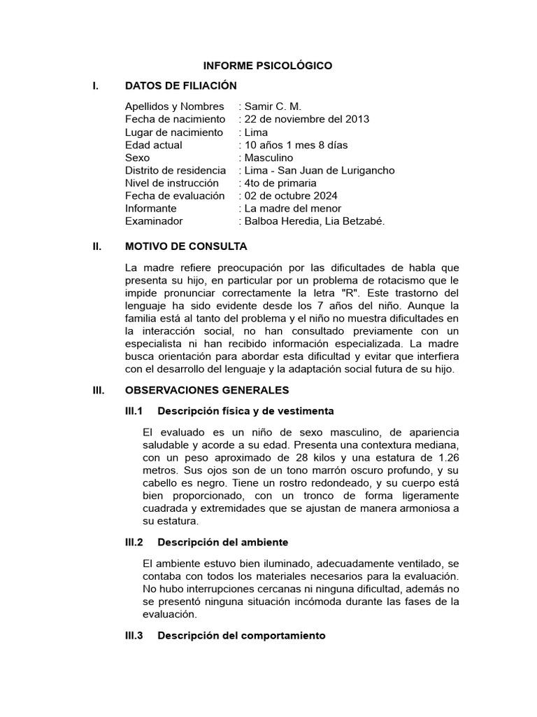 Informe Individual Psicológico Wisc V | PDF | Cognición | Sicología