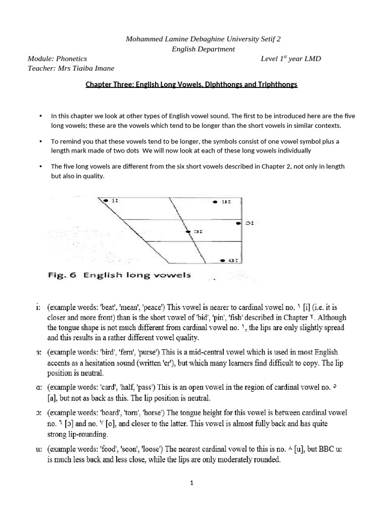 Chapter Three: English Long Vowels, Diphthongs and Triphthongs | PDF