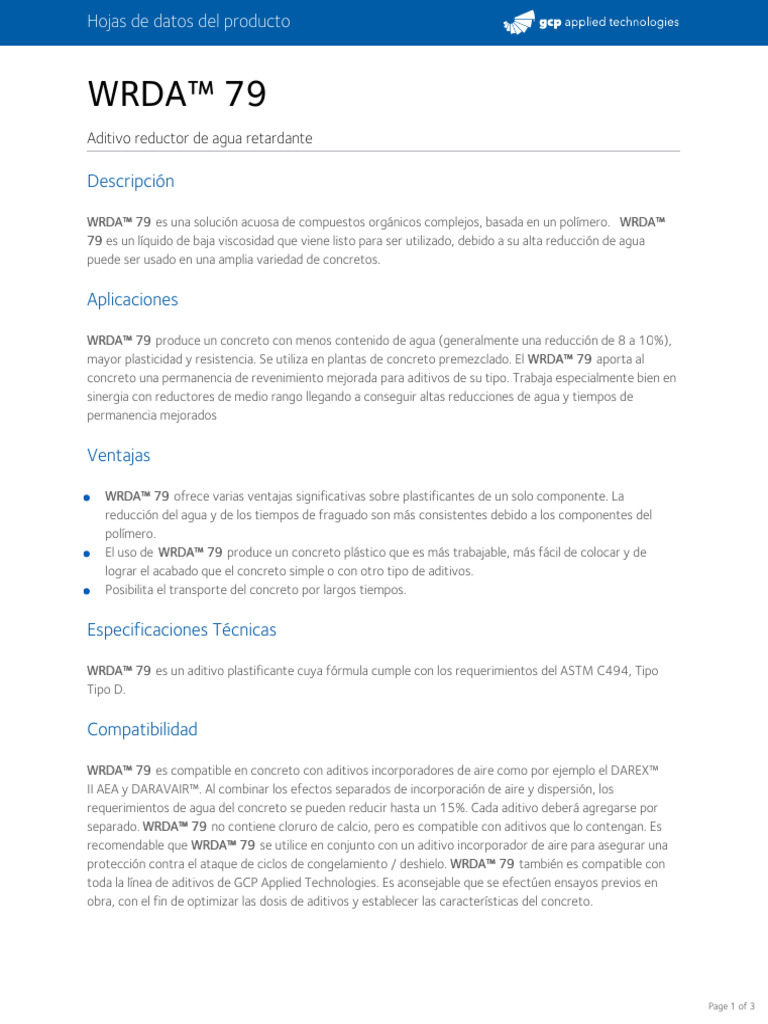 Aditivo WRDA™ 79 para Concreto Eficiente | PDF | Hormigón | Agua