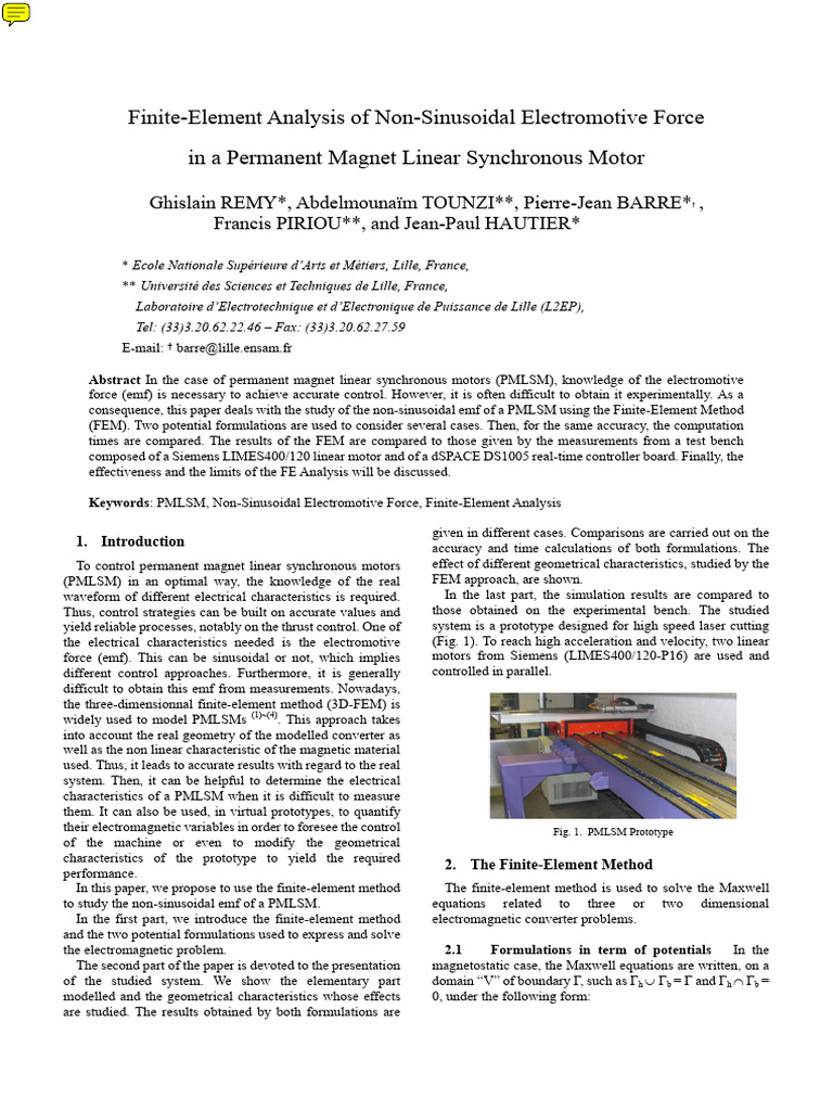 Finite-Element Analysis of Non-Sinusoidal Electromotive Force in a Permanent Magnet Linear ...
