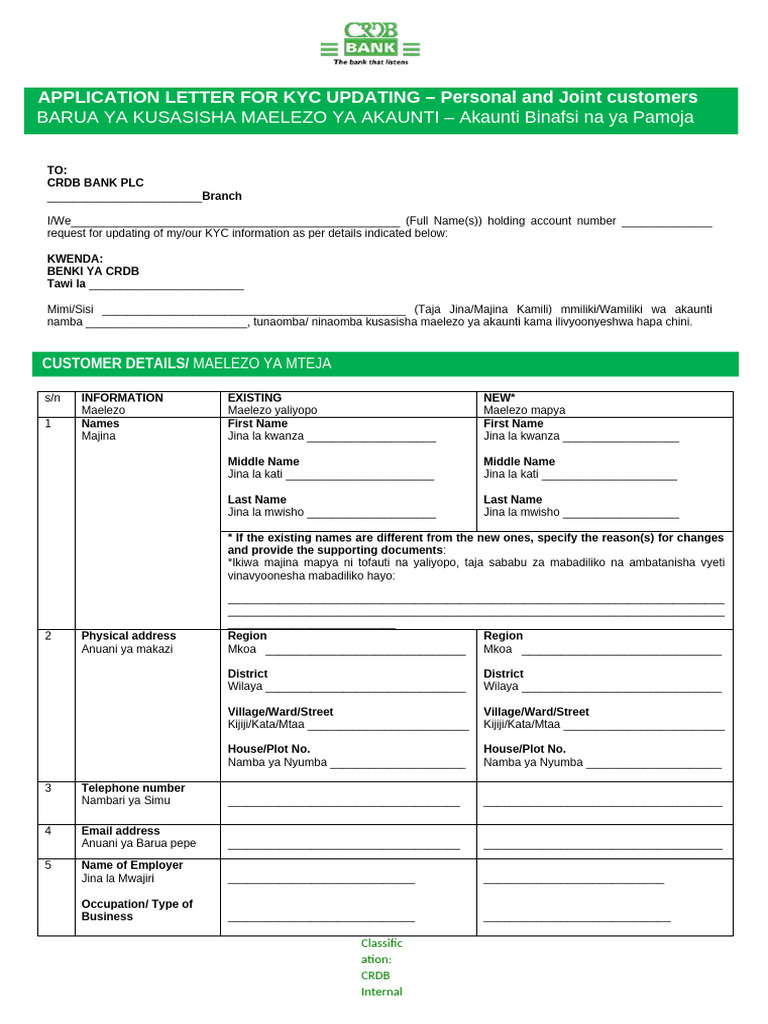 KYC Update Request Form for CRDB | PDF | Identity Document ...