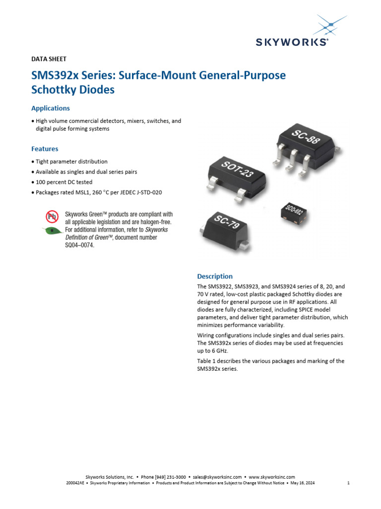 SMS392x Series - RF Diode 70V 50ma | PDF | Electrostatic Discharge | Diode