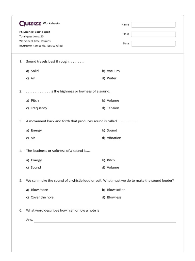 Grade 5 Sound Quiz Worksheet | PDF | Sound | String Instruments
