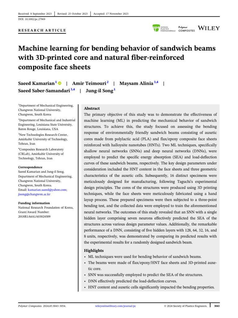 Polymer Composites - 2024 - Kamarian - Machine learning for bending ...