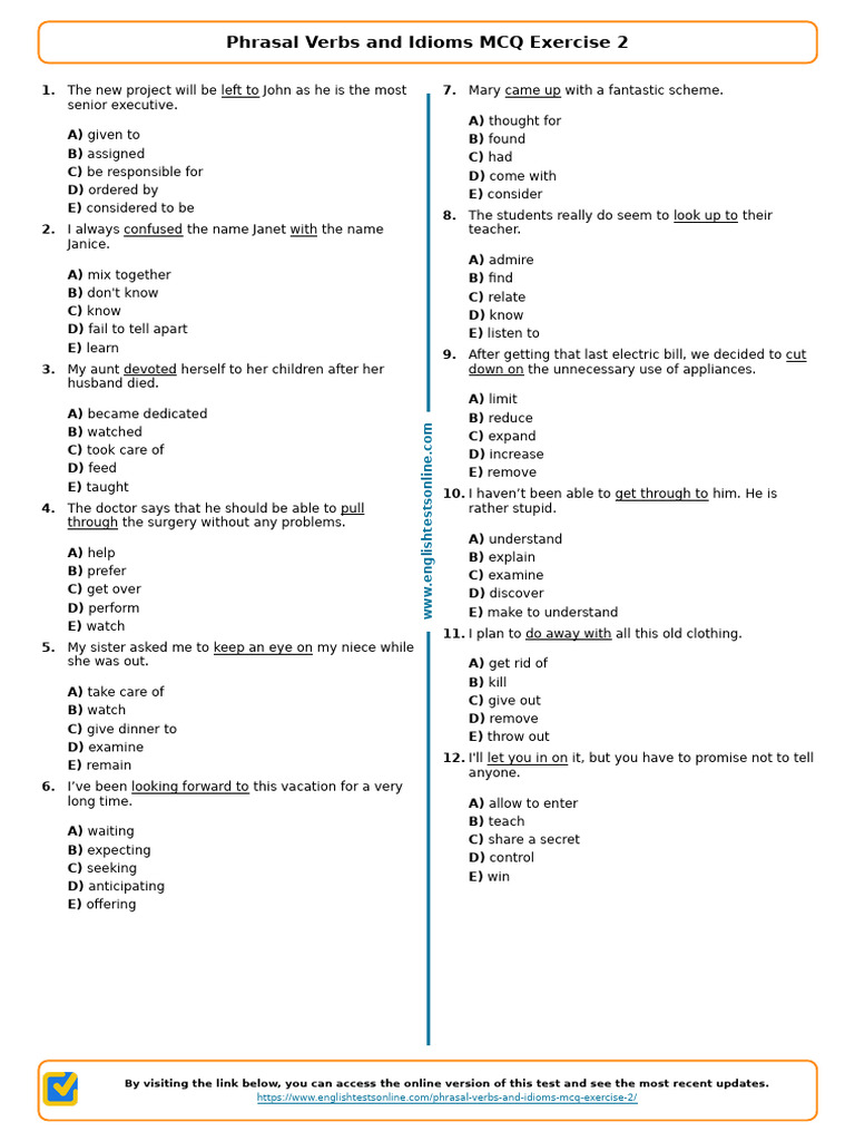 1894 Phrasal Verbs and Idioms Mcq Exercise 2 Englishtestsonline.com | PDF