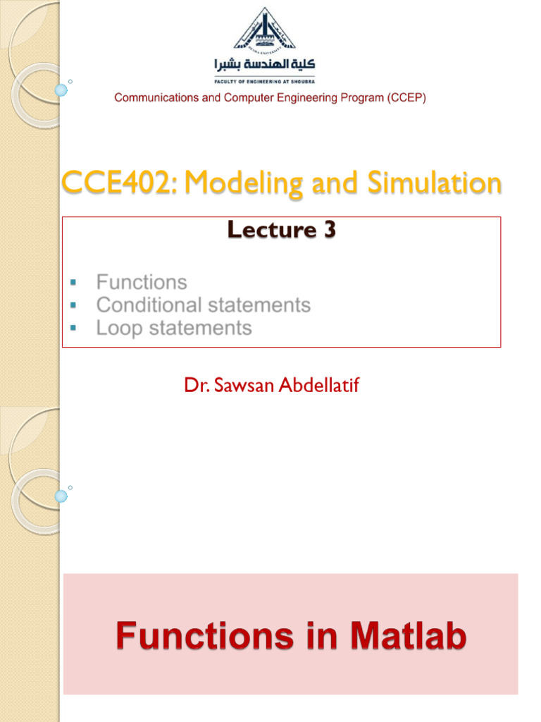 Mod&Sim Matlab Lect3 Functions Conditional LoopsP1 | PDF | Matlab | Parameter (Computer Programming)