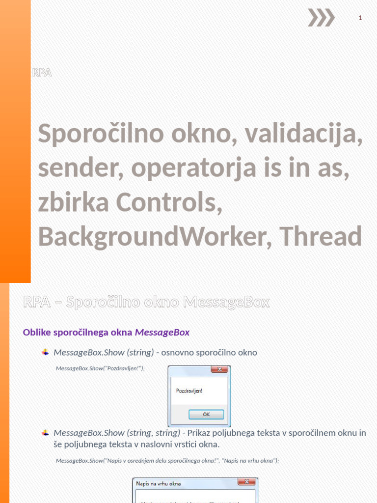 RPA2 - Sporočilno Okno, Validacija, Sender, Operatorja Is in As, Zbirka Controls ...