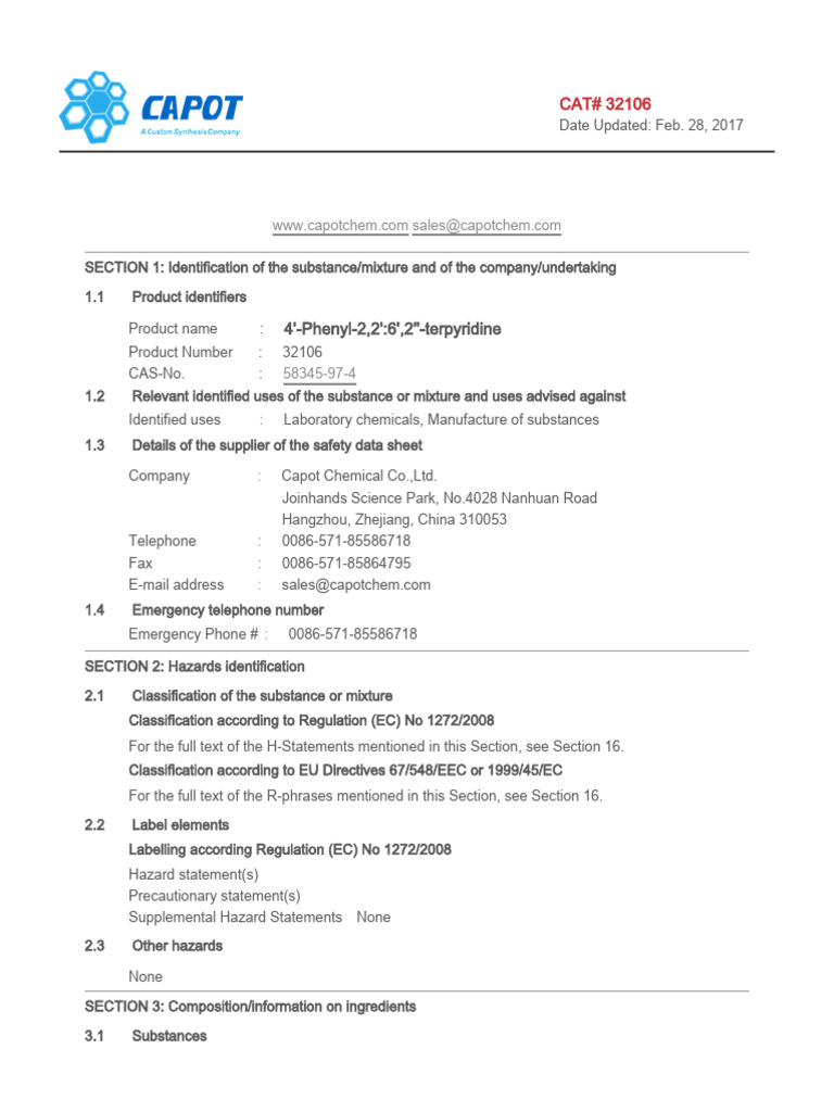 Safety Data Sheet for 4'-Phenyl-2,2':6',2''-terpyridine | PDF ...