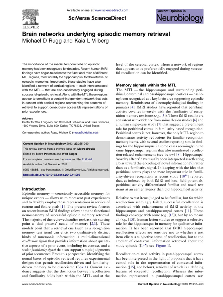 Brain networks underlying episodic memory retrieval Michael D Rugg and Kaia L Vilberg | PDF ...