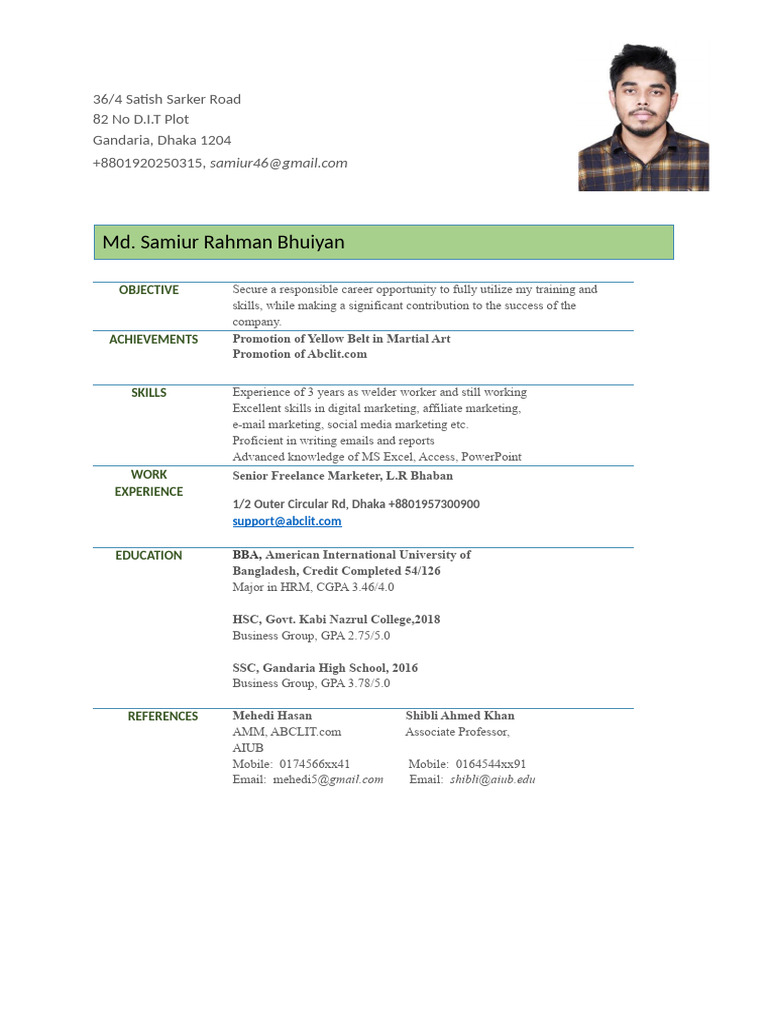 Md. Samiur Rahman Bhuiyan: 36/4 Satish Sarker Road 82 No D.I.T Plot ...