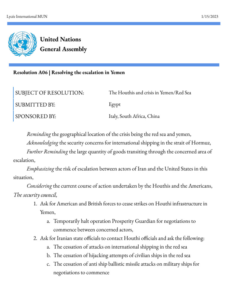 MUN Resolution A06 - 11 - 15 - 2023 - Escalation in Yemen | PDF | Yemen ...