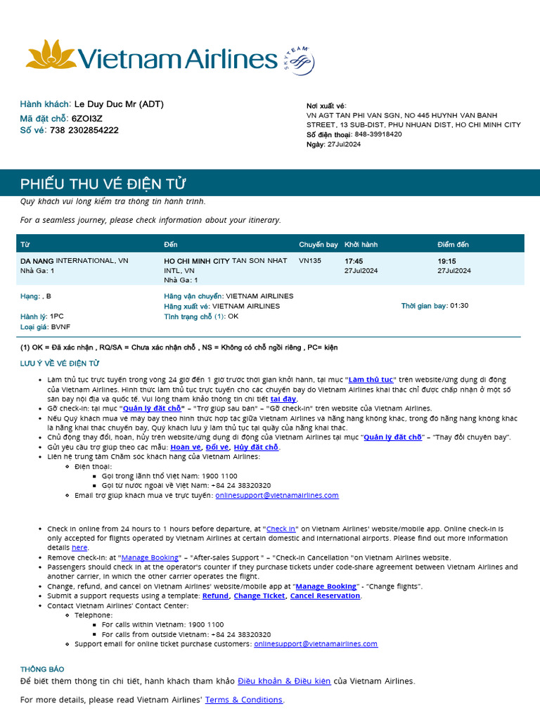 Vé Điện Tử & Chứng Từ Điện Tử Đa Mục Đích 27JUL for DUY DUC LE | PDF
