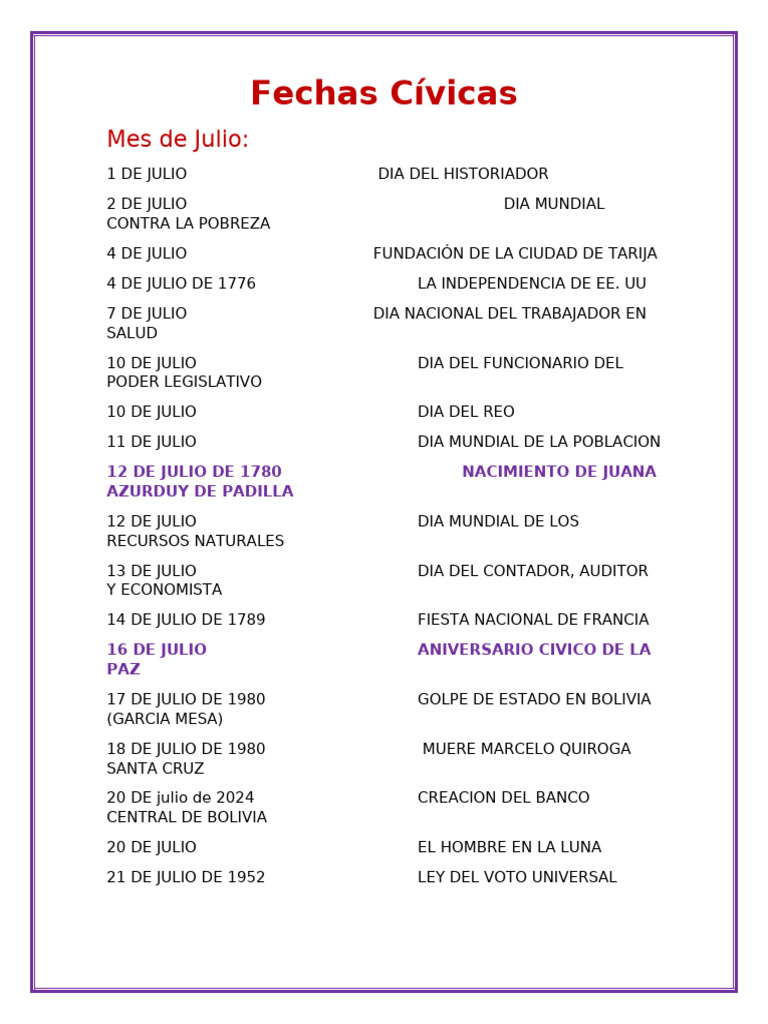 Fechas Cívicas y Biografías de Julio | PDF | Bolivia | América del Sur