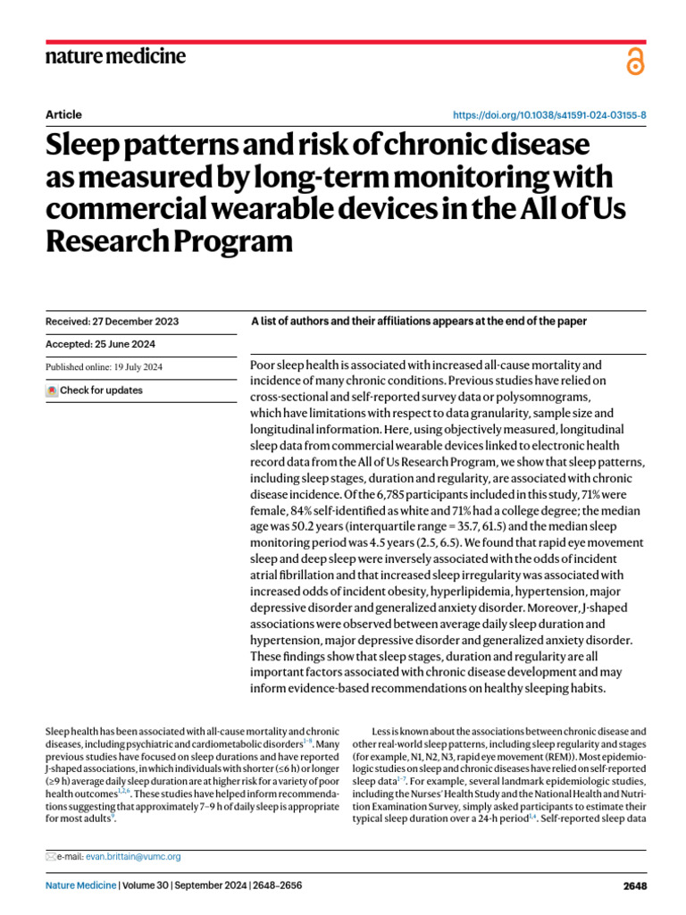 Sleep Patterns and Risk of Chronic Disease As Measured by Long-Term ...
