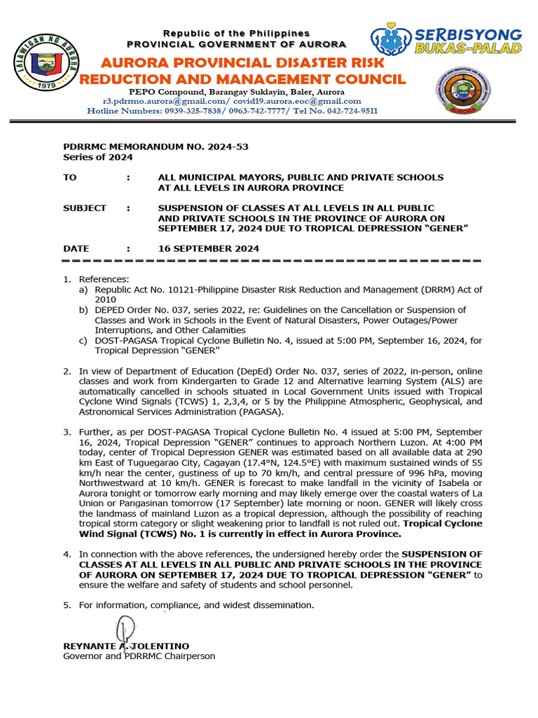 PDRRMC MEMO 53 SUSPENSION OF Classes | PDF | Vortices | Branches Of Meteorology