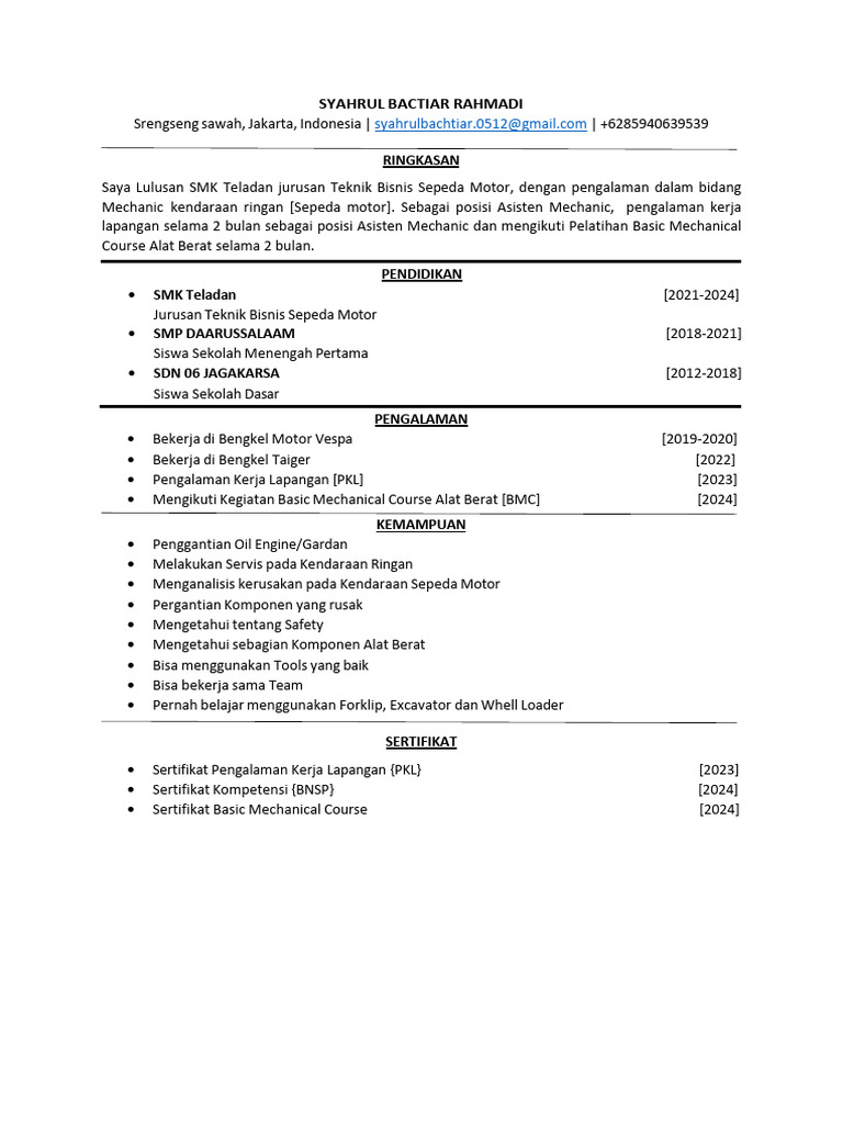 CV Terbaru 1,5 - Syahrul Bactiar Rahmadi | PDF
