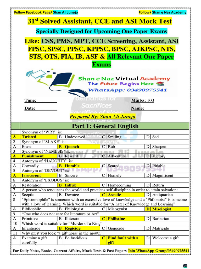 31st Assistant, CCE & ASI Solved Mock Test by Shan Ali Junejo | PDF