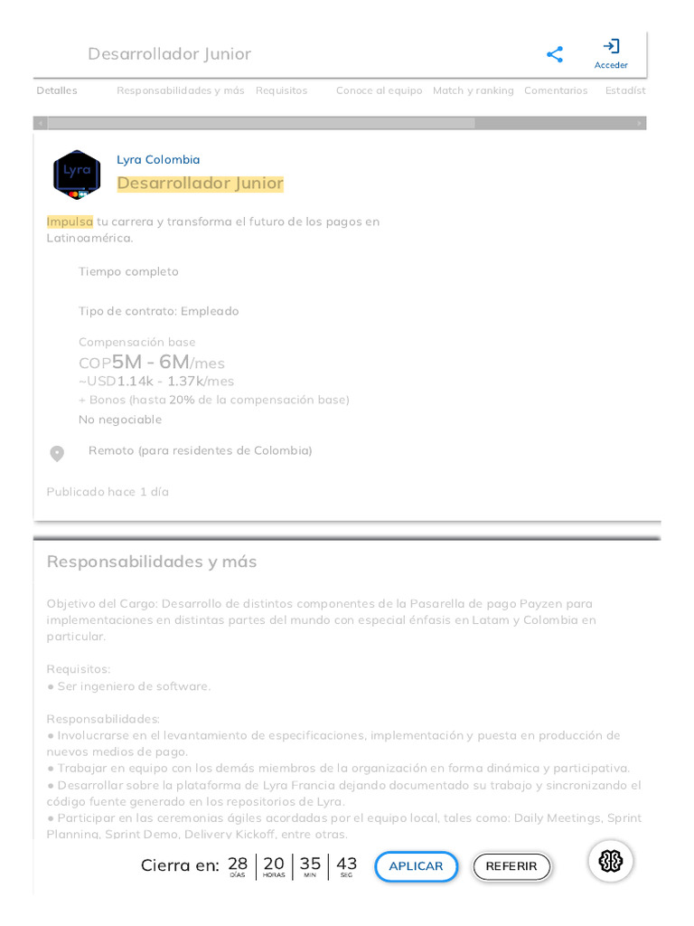 TORRE, Desarrollador Junior en Lyra Colombia - Torre | PDF | Software ...