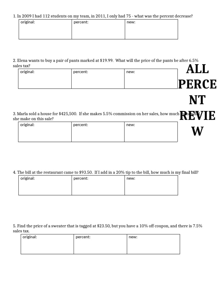 All Percents Review Practice Sheet | PDF