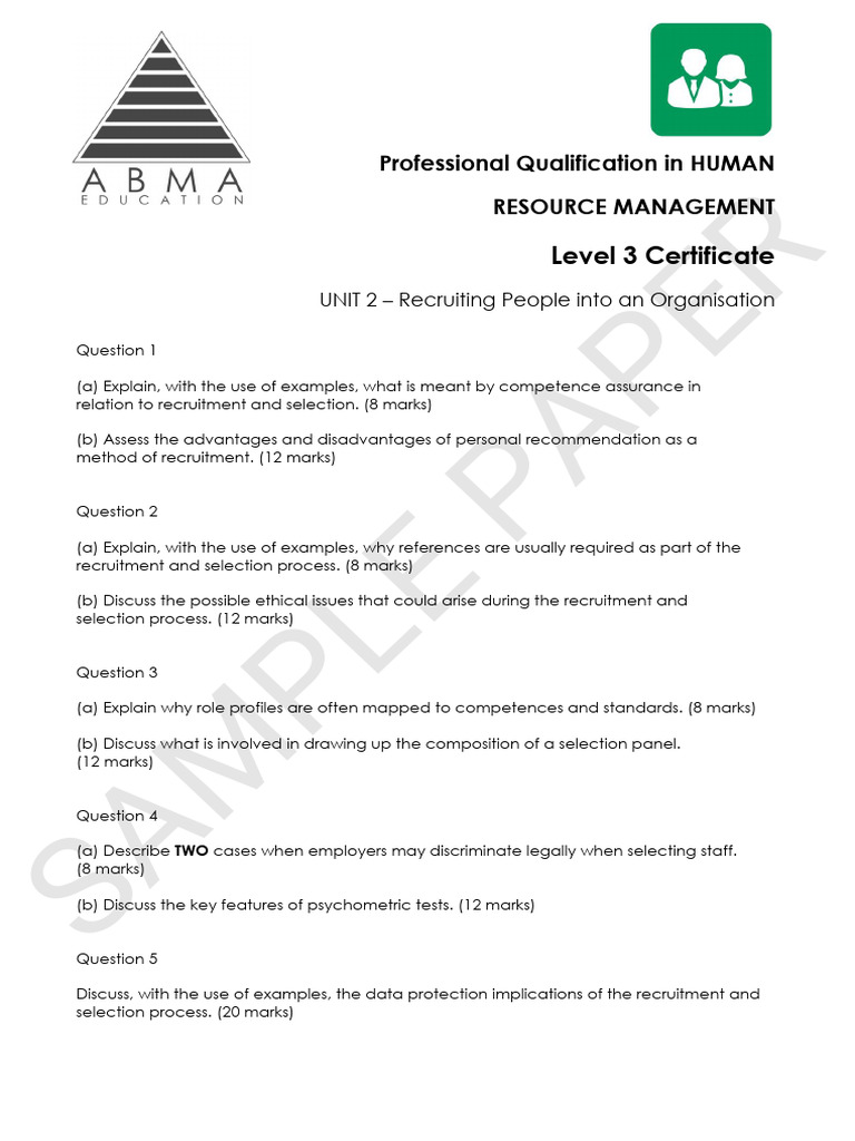 HRMA Level 3 Unit 2 Sample Paper 3 | PDF