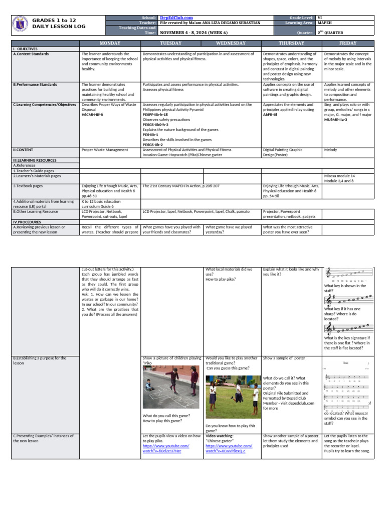 DLL_MAPEH 6_Q2_W6 | PDF | Waste Management | Waste