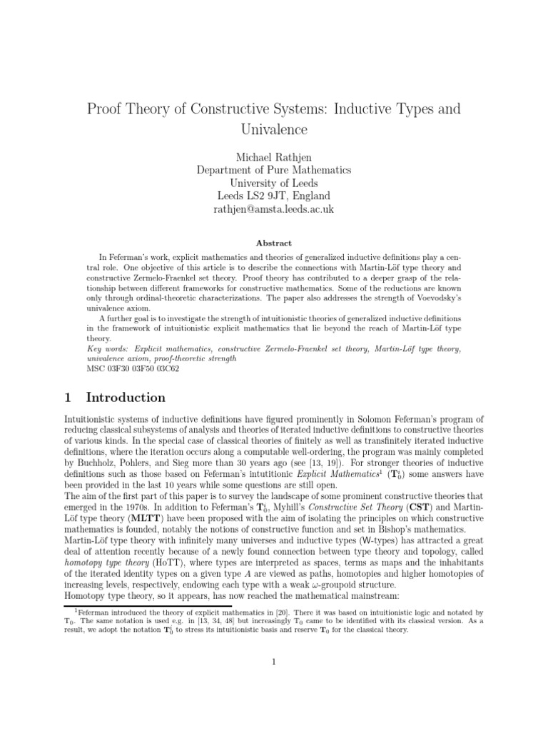 Proof Theory of Constructive Systems: Inductive Types and Univalence | PDF | Metalogic | Mathematics