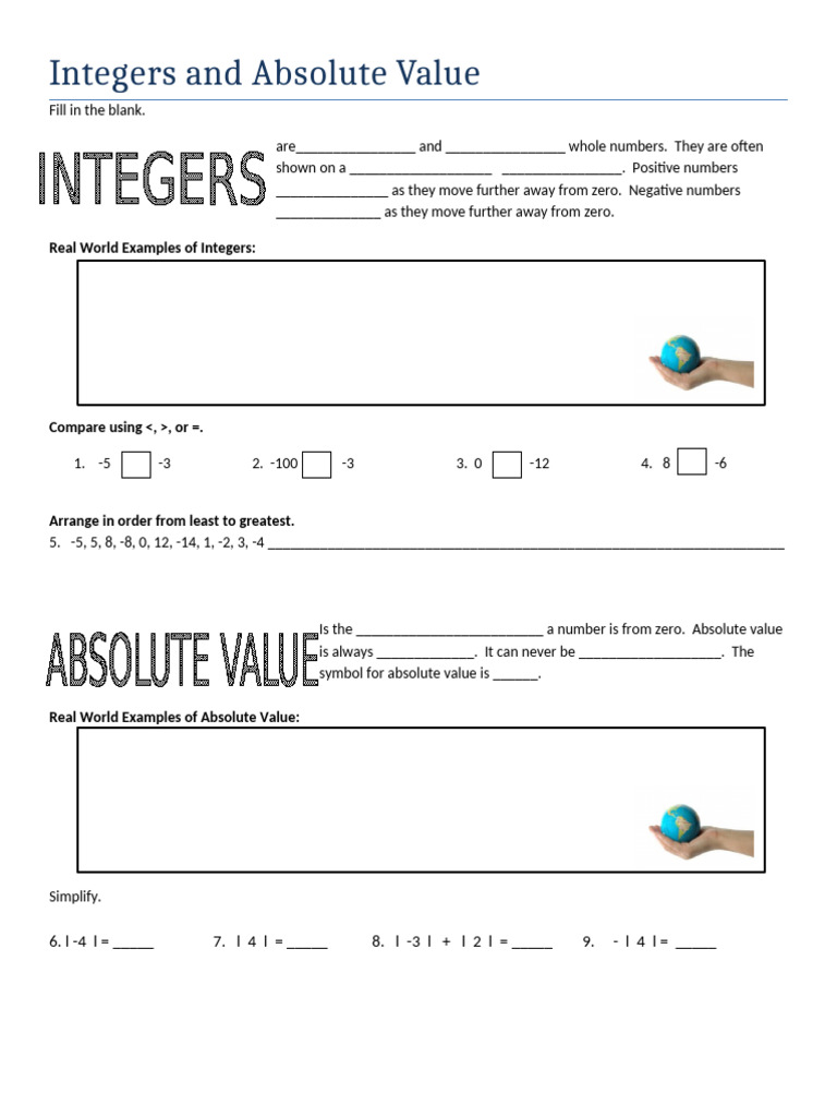Integers and Absolute Value Notes | PDF | Career & Growth | Teaching ...