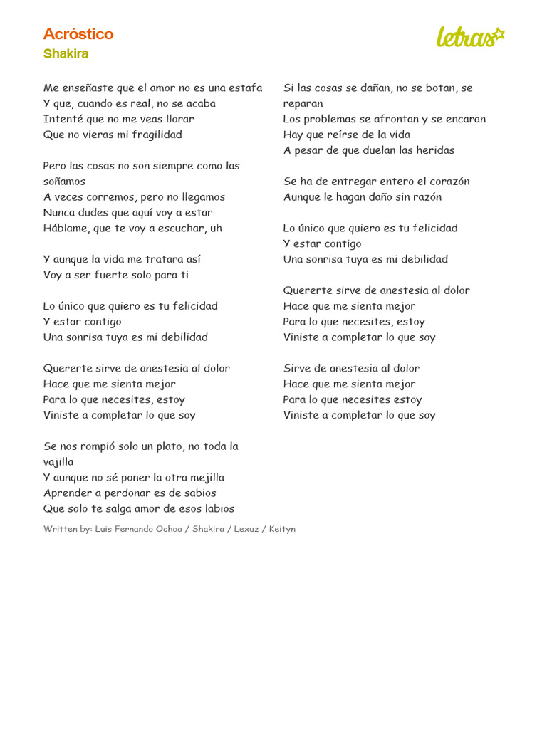 Letra del acróstico de Shakira | PDF