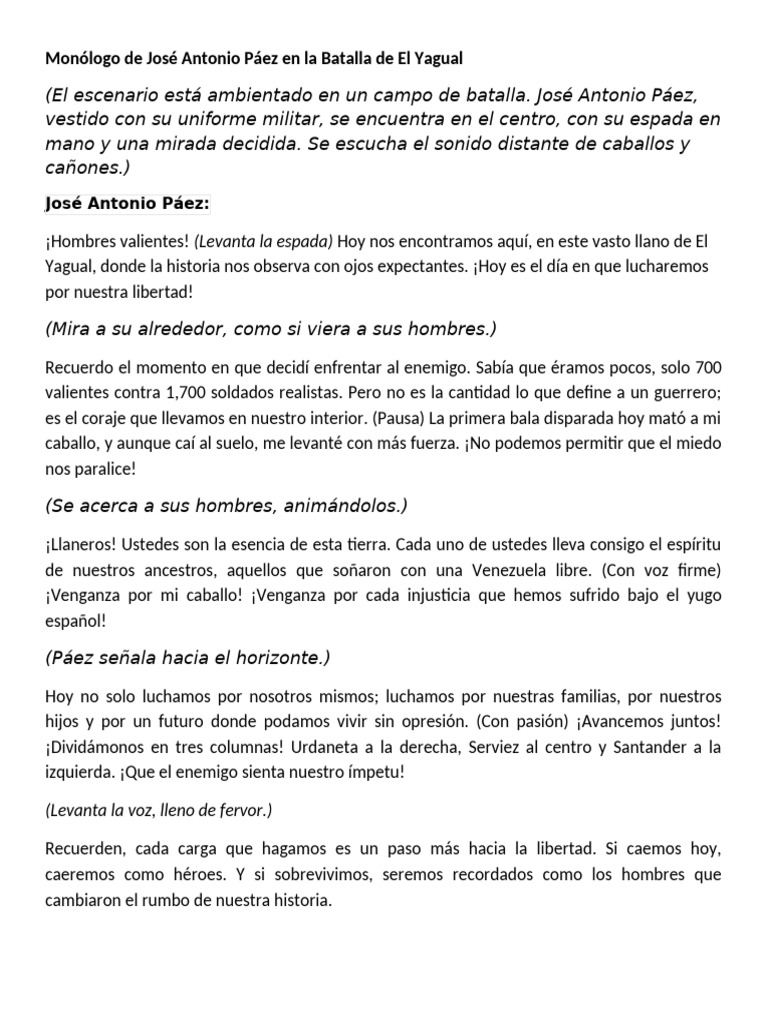 Monólogo de José Antonio Páez en La Batalla de El Yagual | PDF ...