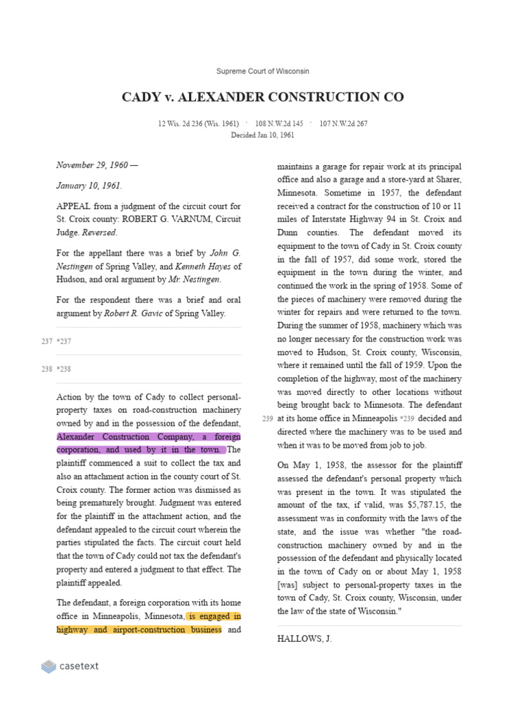 CADY v. ALEXANDER CONSTRUCTION CO | PDF | Taxes | Judgment (Law)