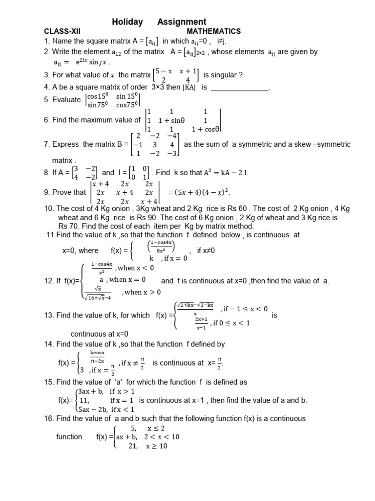 Holiday Assignment: Class-Xii Mathematics | PDF | Matrix (Mathematics) | Mathematical Relations