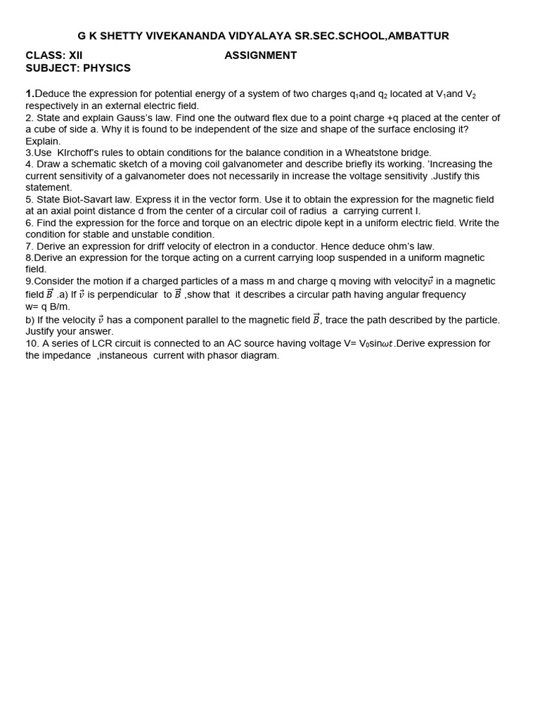 G K Shetty Vivekananda Vidyalaya SR - Sec.School, Ambattur Class: Xii Assignment Subject ...